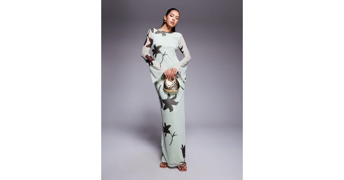 ASOS Low Back Floral Mesh Maxi Dress With Angel Sleeves in Gray | Lyst