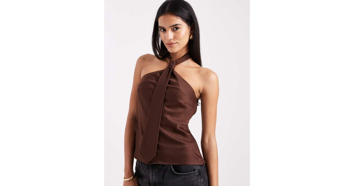ASOS Satin Halter Top With Tie Detail in Brown | Lyst UK