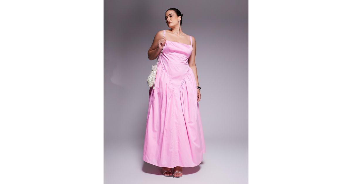 ASOS Curve Cotton Sateen Cinched Waist Bow Back Maxi Dress in Pink | Lyst