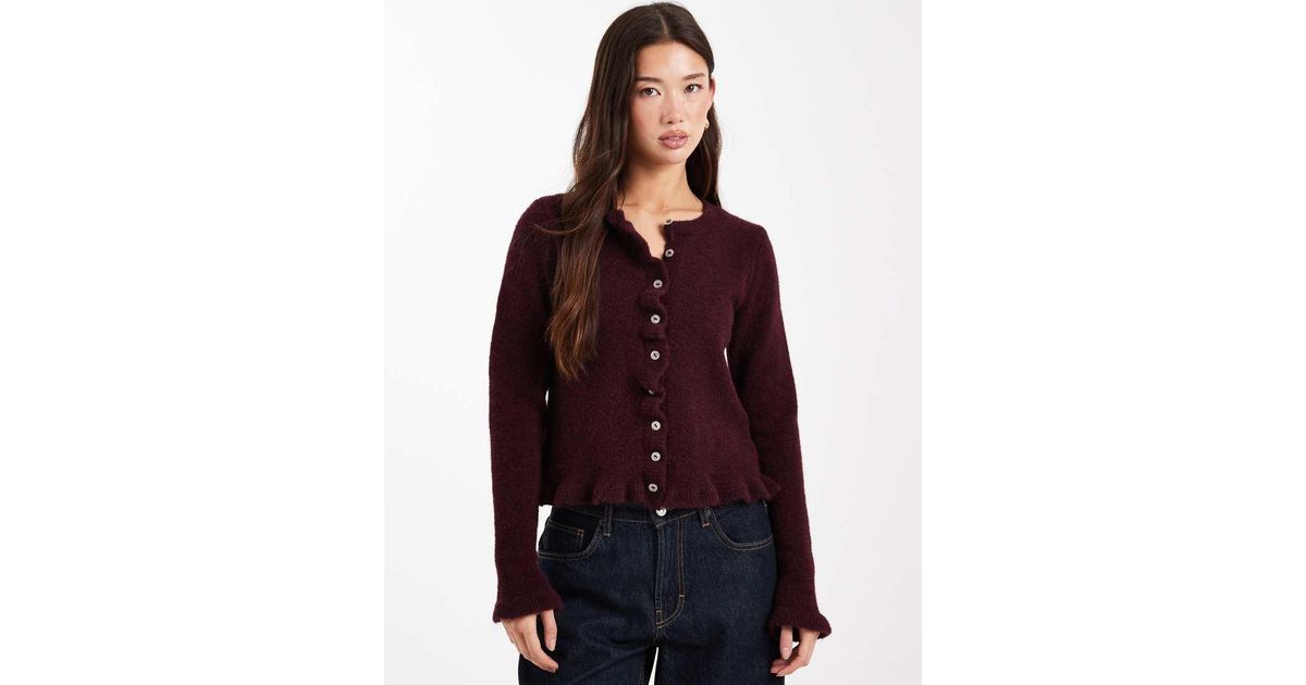 ASOS Knitted Ruffle Cardigan With Wool in Purple | Lyst UK