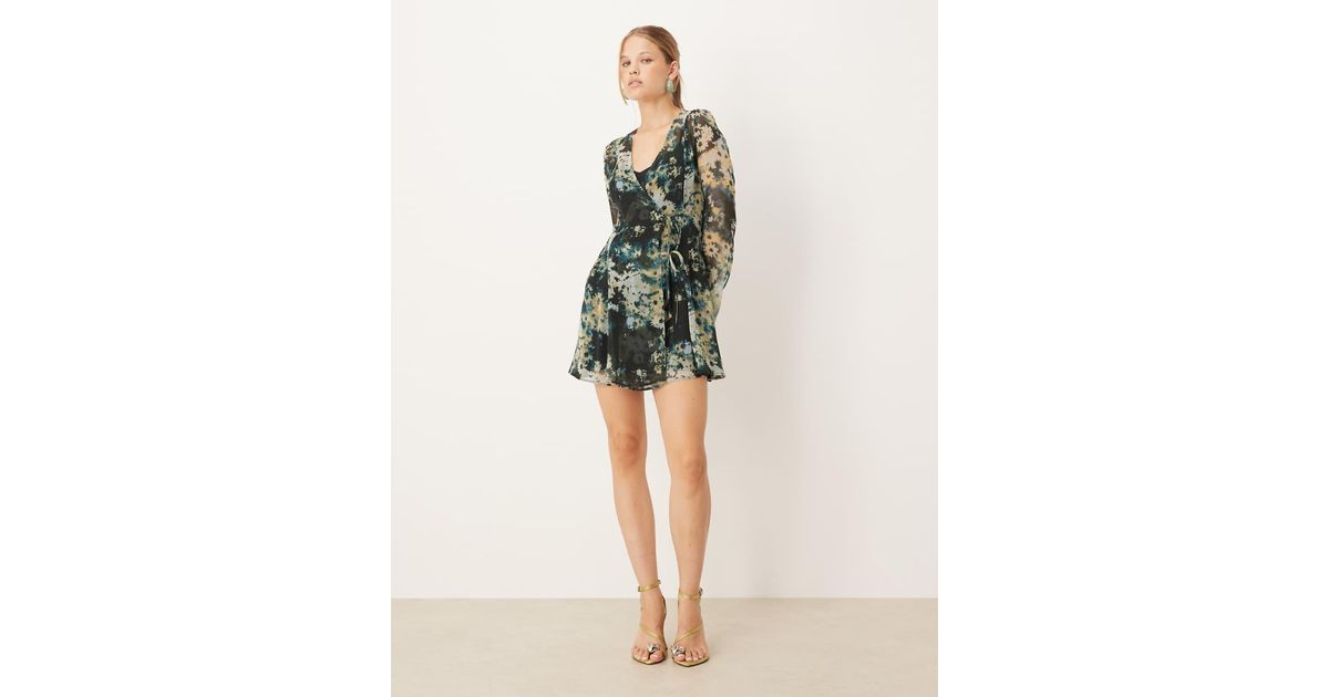 ASOS Wrap Mini Dress With Ties in Green | Lyst UK