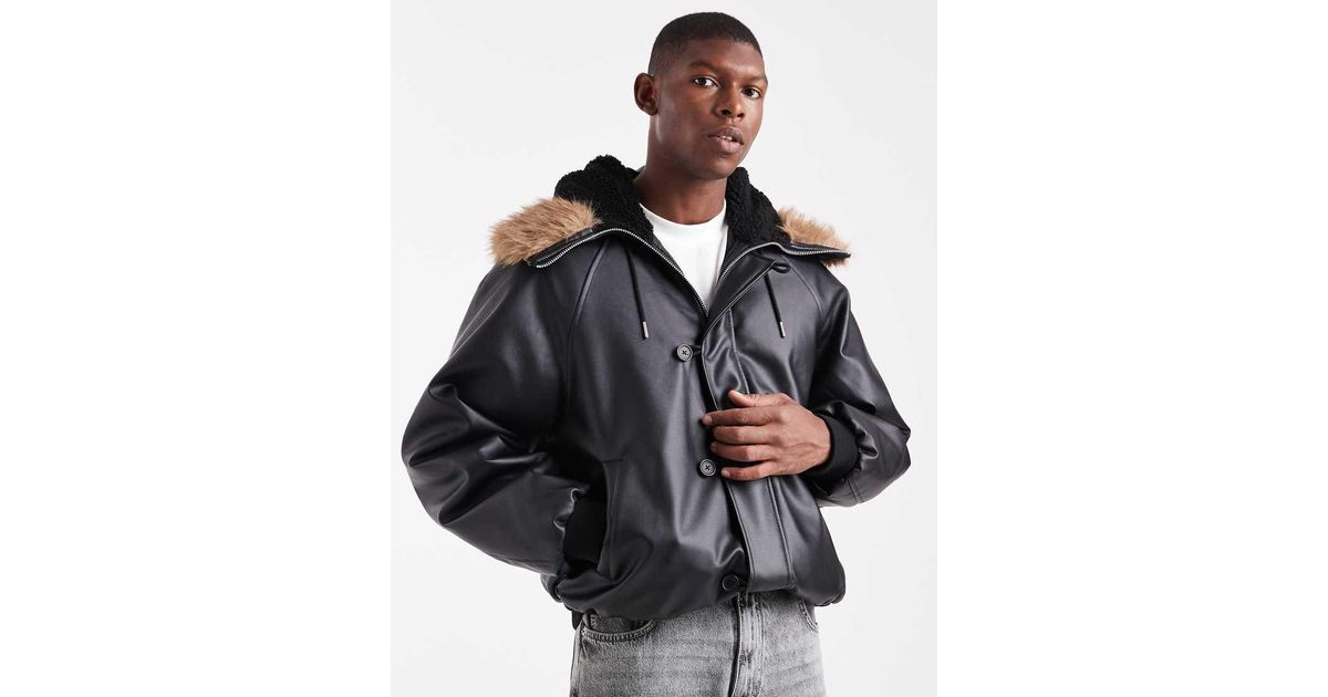 ASOS Oversized Bomber Jacket With Faux Fur Hood in Black for Men | Lyst UK