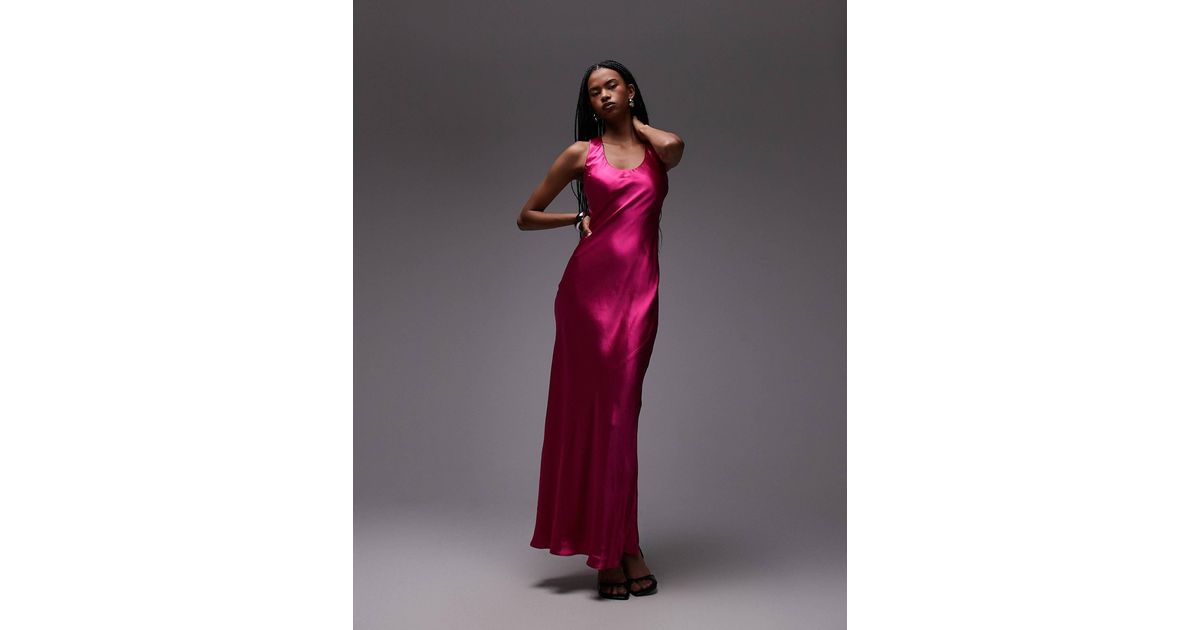 TOPSHOP Racer Neck Satin Bias Maxi Dress in Pink | Lyst
