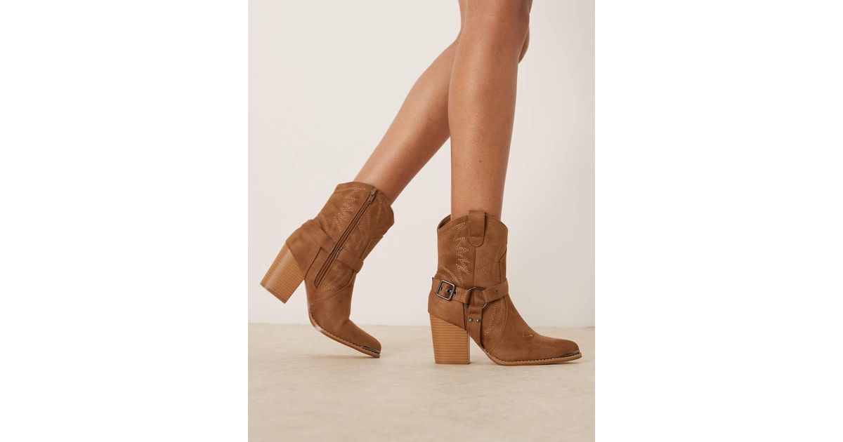 Glamorous Western Heeled Ankle Boots in Natural | Lyst UK