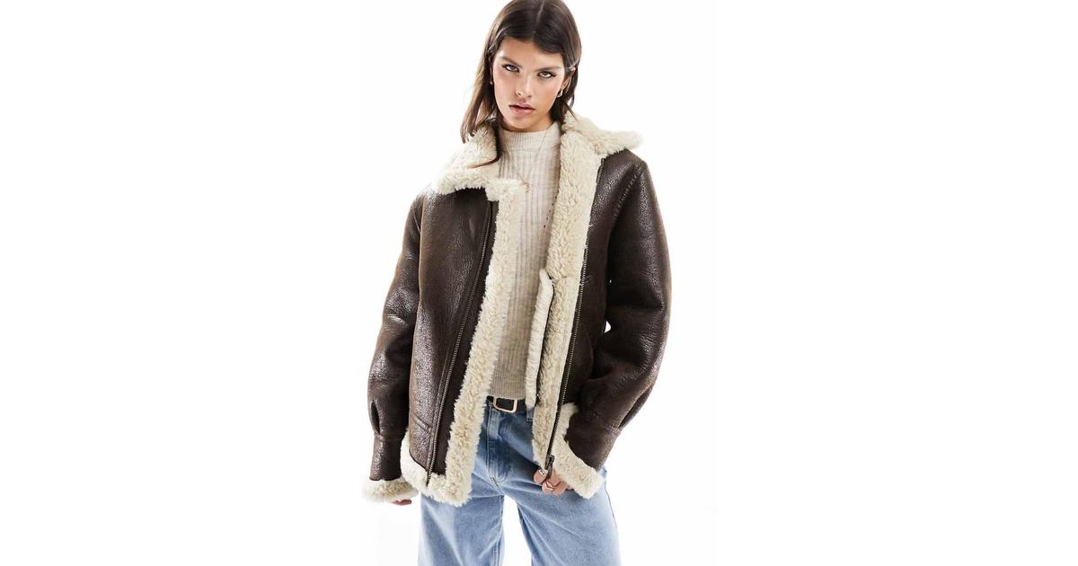 Mango Shearling Detail Aviator Jacket in Brown | Lyst UK