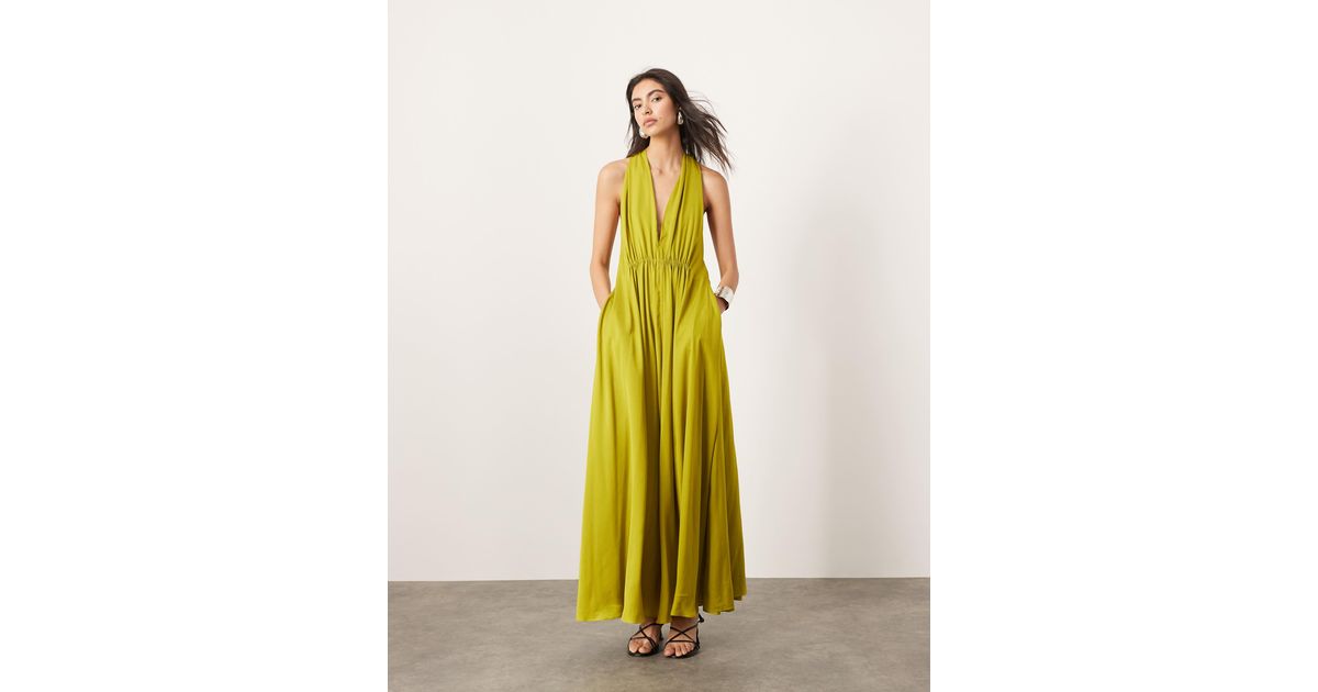 ASOS Satin Halter Maxi Dress With Pockets Ruched Detail in Green | Lyst