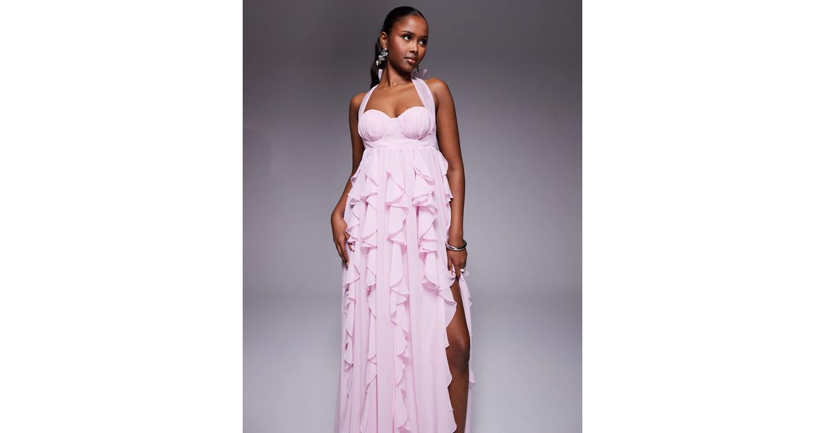 ASOS Halter Maxi Dress With Waterfall Ruffles in Purple | Lyst