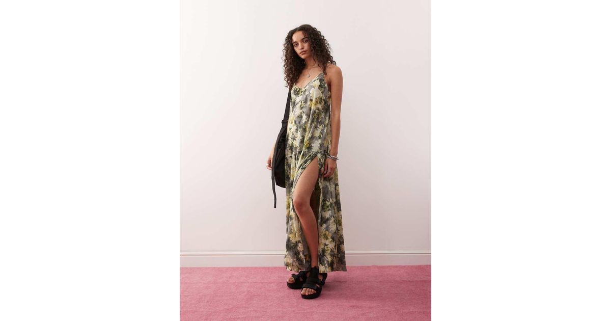 Monki Crinkled Tiered Floaty Maxi Dress With Low Tie Back Detail in ...