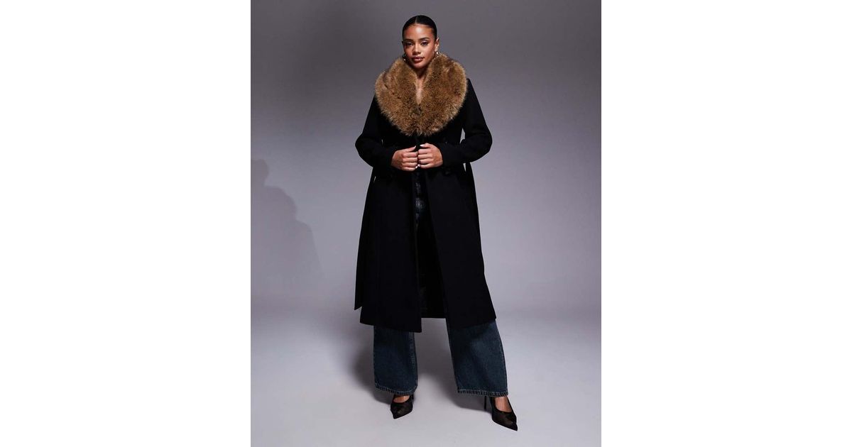 Forever New Contrast Detachable Faux Fur Collar Formal Wool Blend Coat ...