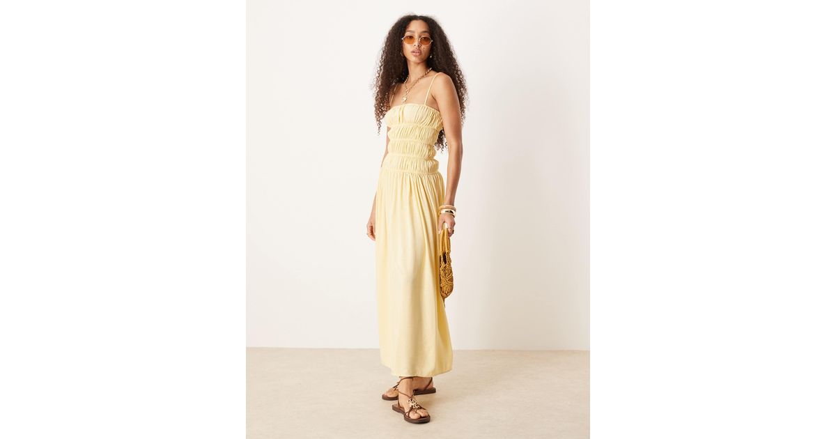 ASOS Linen Blend Shirred Maxi Dress in Natural | Lyst