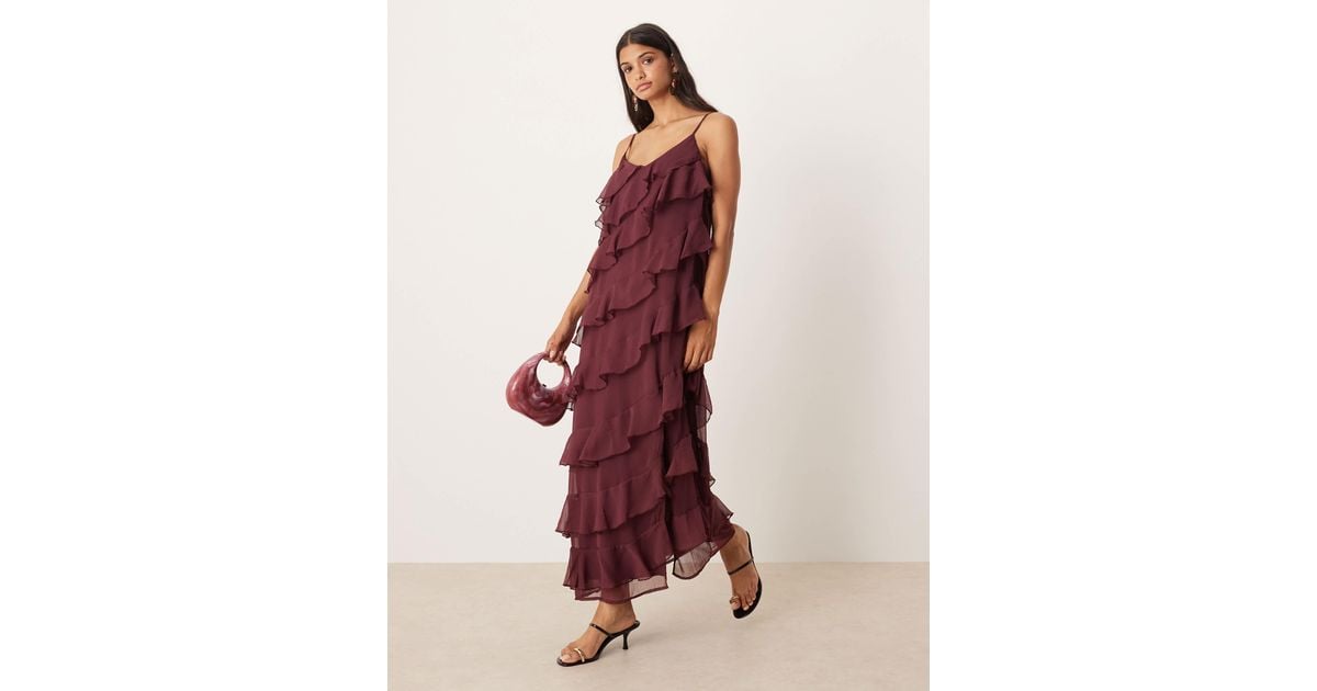 Vila Asymmetric Frill Maxi Dress With Side Split in Red | Lyst