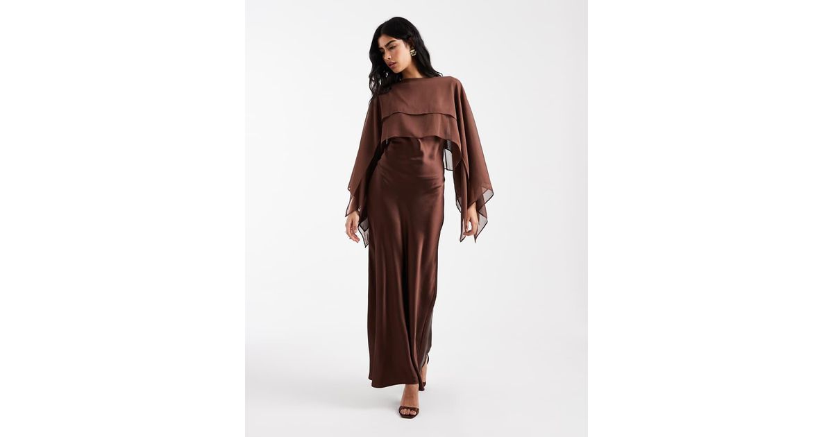 ASOS Satin Cape Asym Midi Dress in Brown | Lyst UK