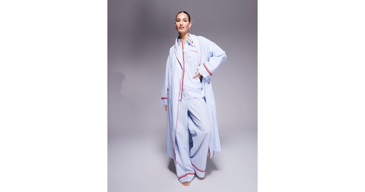 ASOS Woven Stripe Robe With Rick-rack Trim in Blue | Lyst
