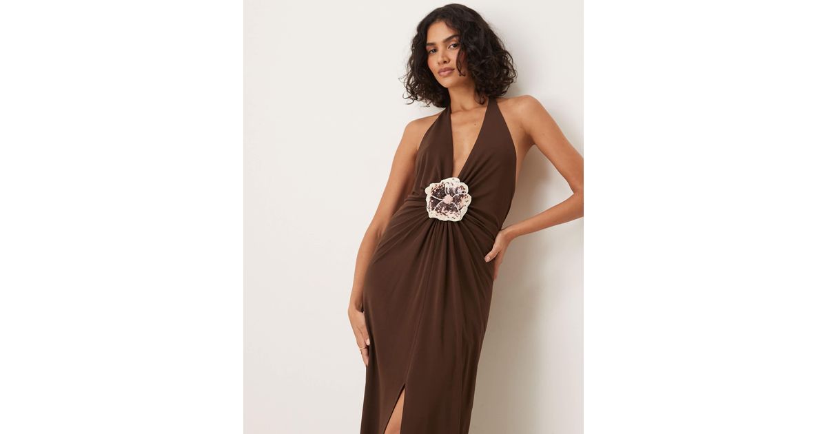 Mango Premium Halterneck Sequin Floral Detail Maxi Dress in Brown | Lyst