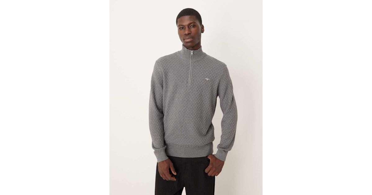 GANT Shield Logo Half Zip Textured Knit Jumper in Grey for Men | Lyst UK