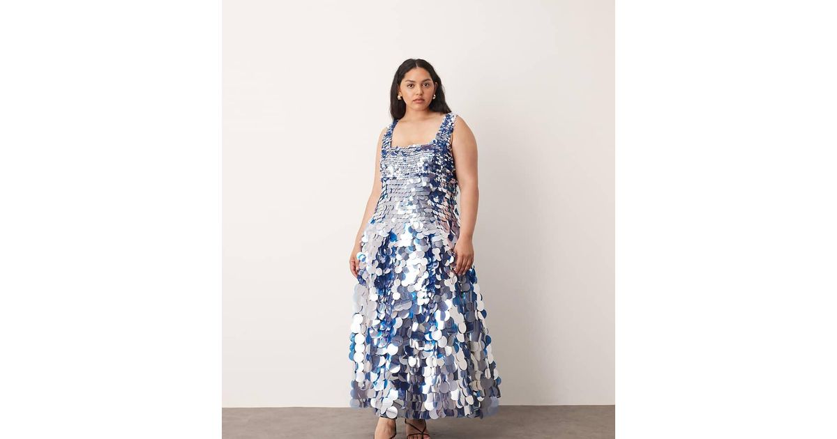 ARRANGE Curve Embellished Disc Sequin Square Neck Full Skirt Midi Dress ...