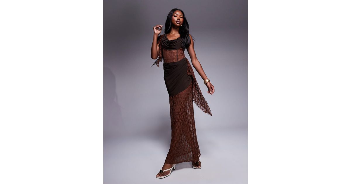 ASOS Cowl Draped Maxi Dress With Sheer And Solid Lace Layering in Brown ...