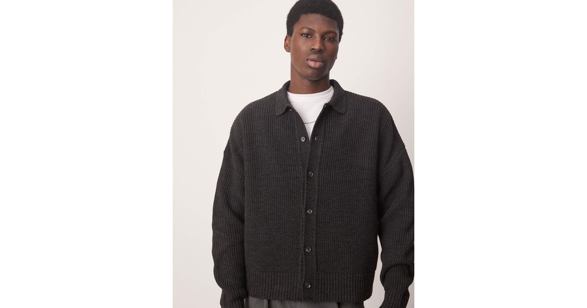 ASOS Oversized Boxy Fit Knitted Ribbed Collar Cardigan in Black for Men ...