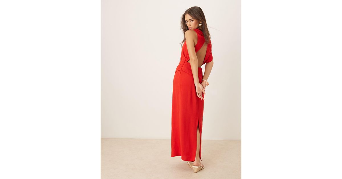ASOS Asymmetric Twist Back Midi Dress in Red | Lyst