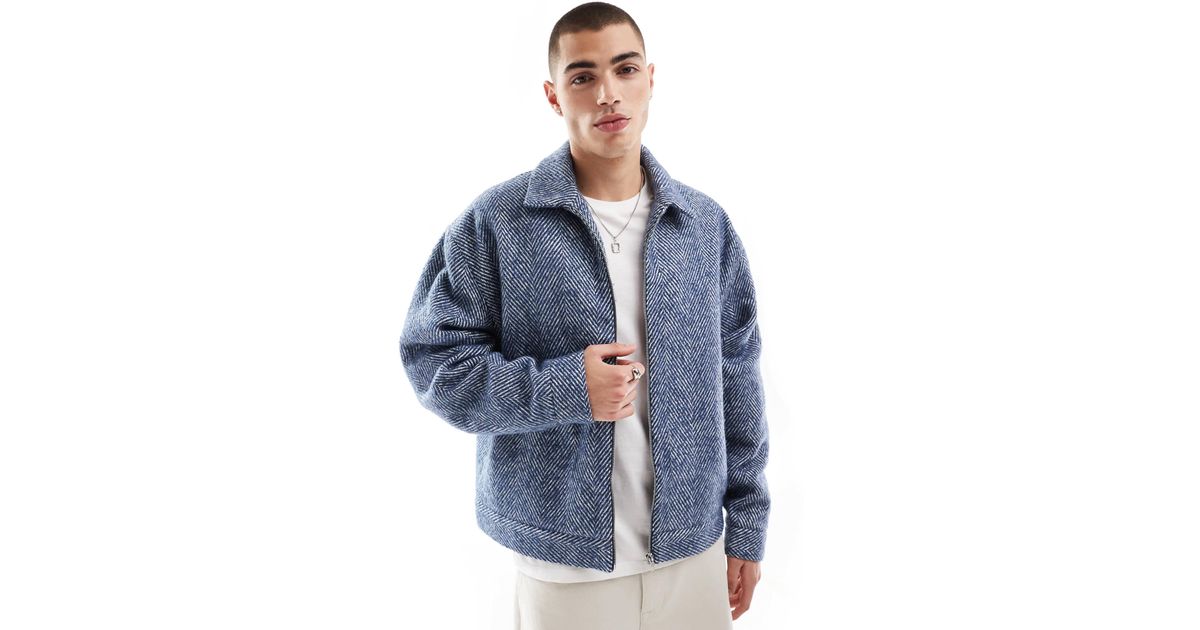 ASOS Oversized Wool Look Harrington Jacket With Herringbone in Blue for ...
