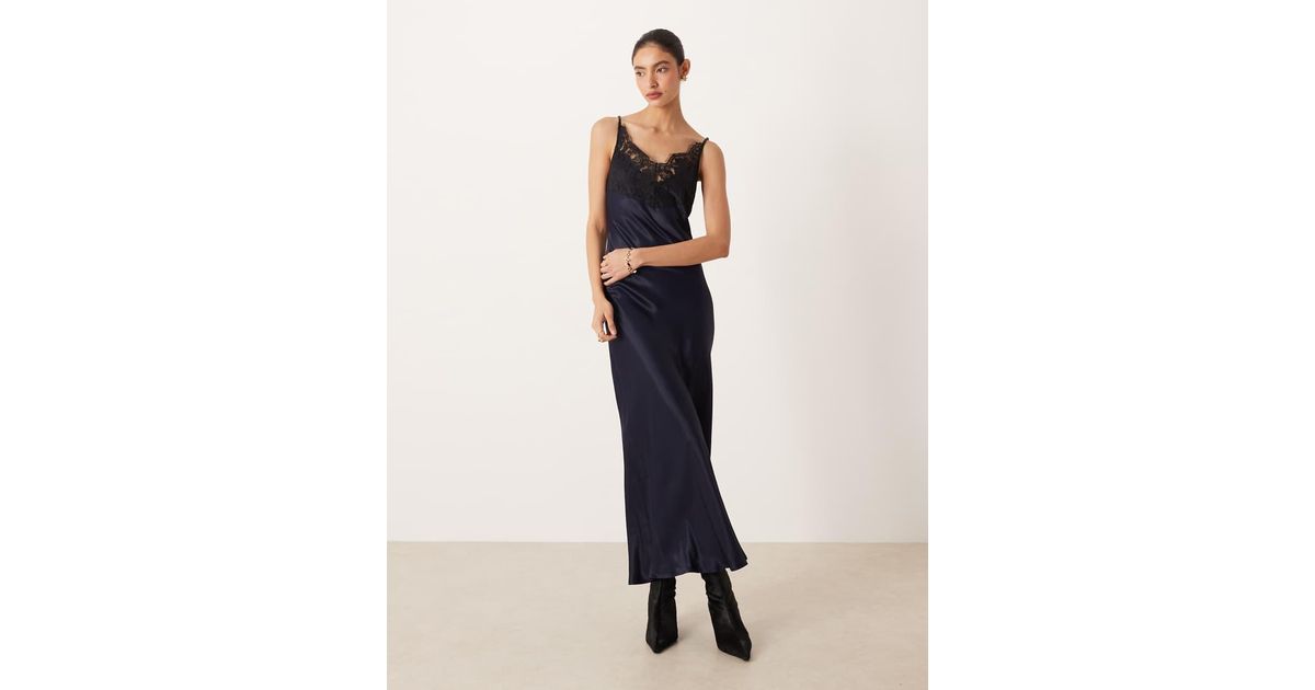 ASOS Lace Bodice Cami Satin Maxi Dress in Blue | Lyst UK