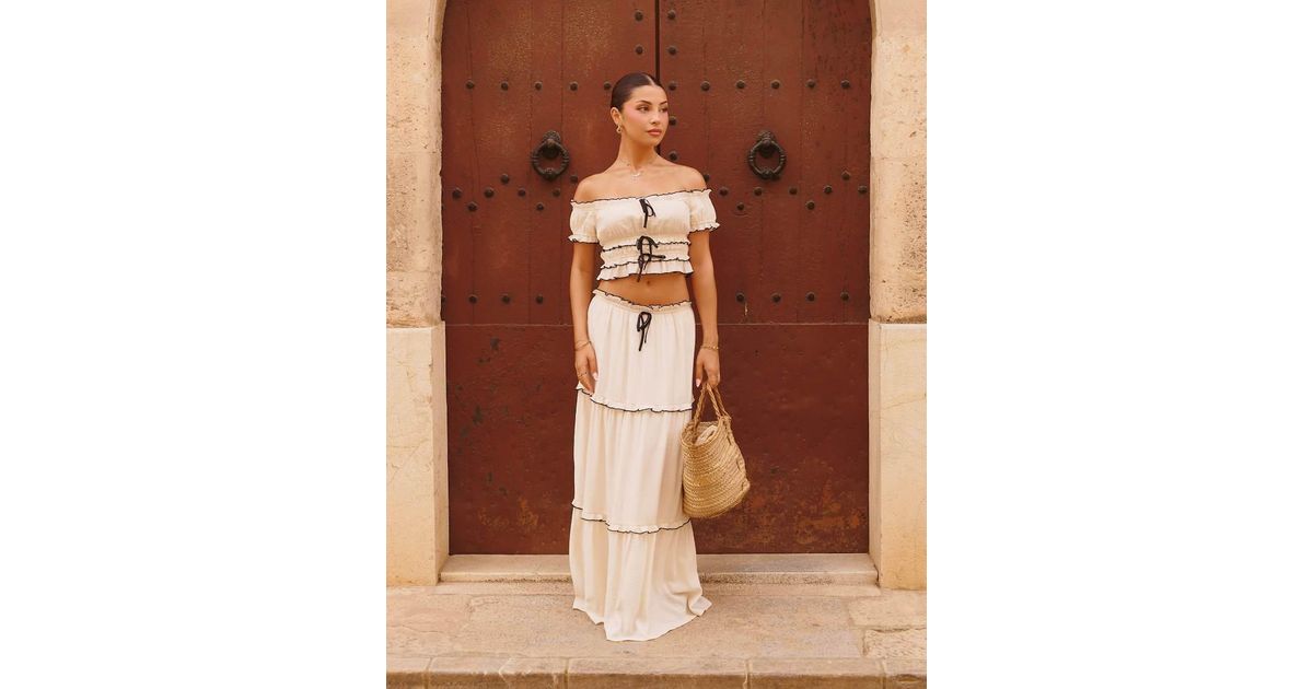 The Frolic X Lydia Kara Exclusive Bardot Contrast Lettuce Edge Crop Top ...