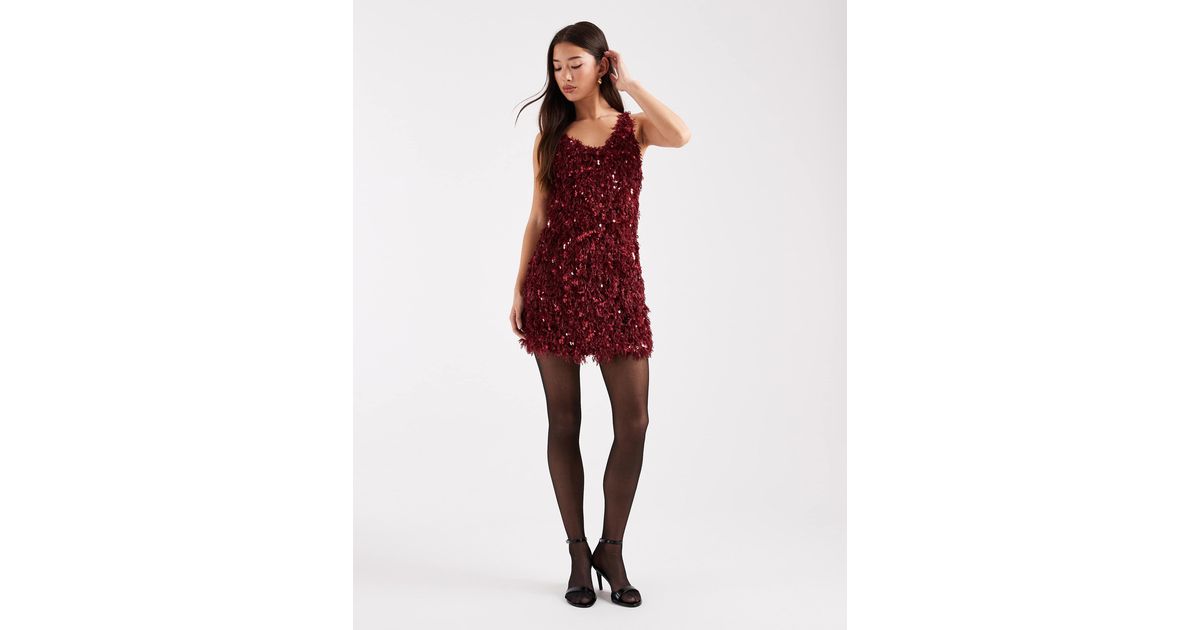 ONLY Faux Feather Sequin Mini Dress in Red | Lyst