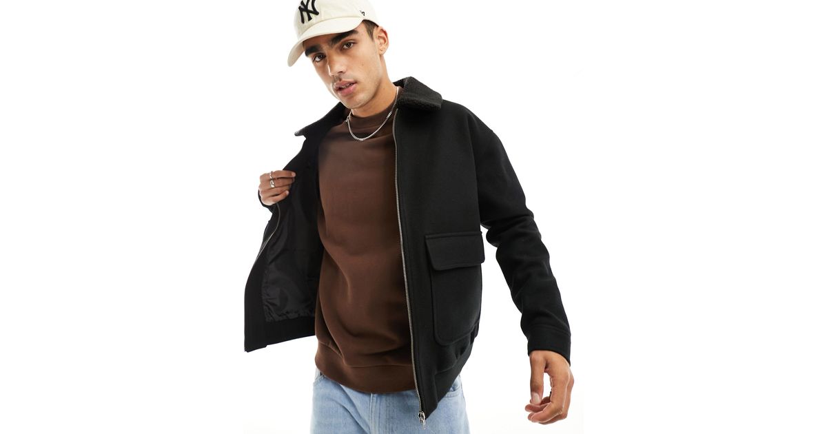 ASOS Oversized Wool Look Bomber Jacket With Borg Collar in Black for Men | Lyst UK