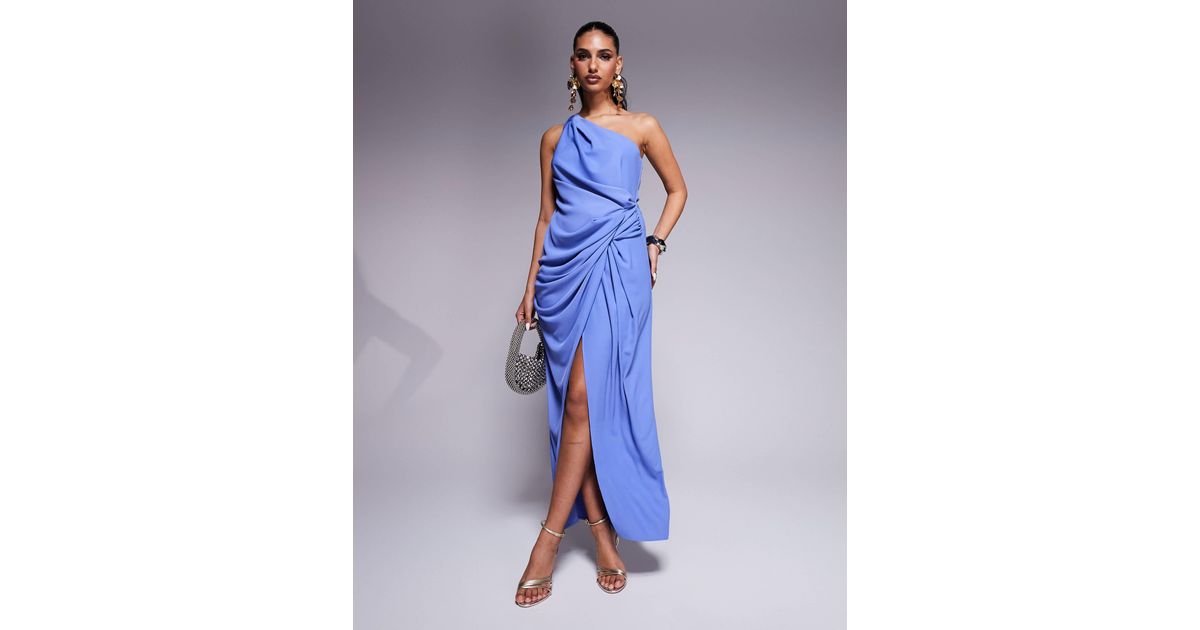ASOS One Shoulder Draped Crepe Midaxi Dress With Split in Blue | Lyst