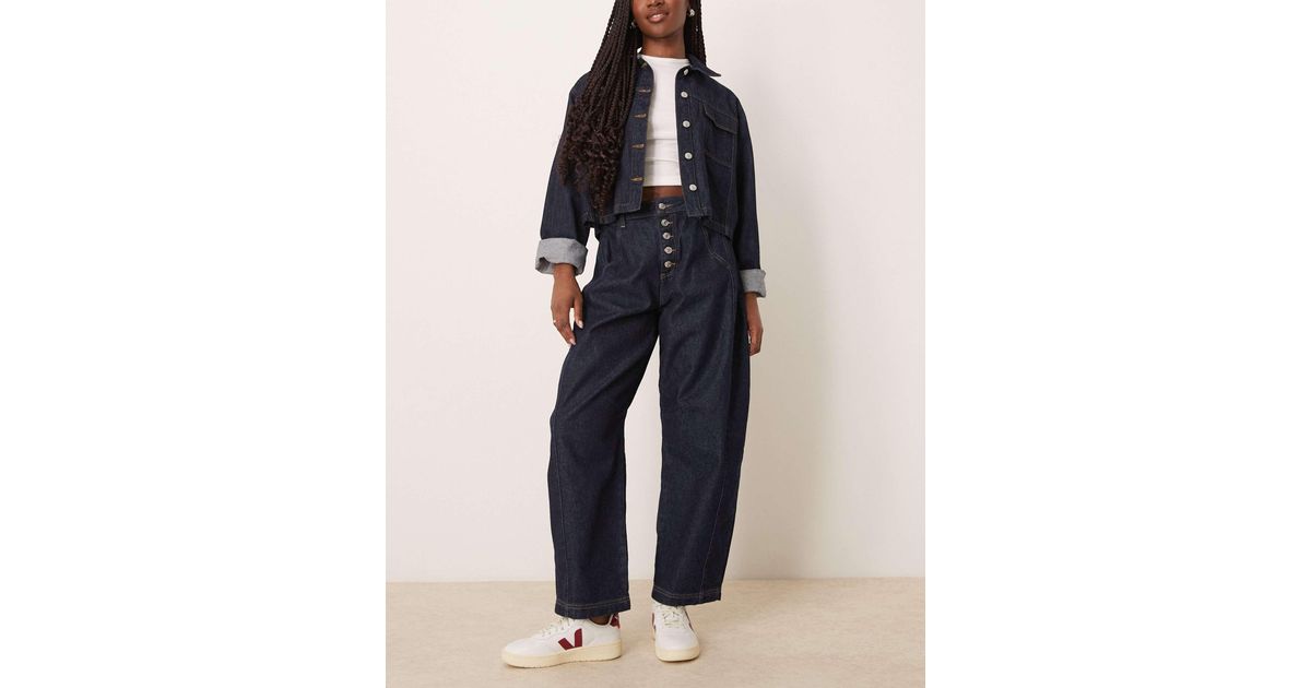 ASOS Cropped Barrel Leg Jeans With Button Fly in Blue | Lyst