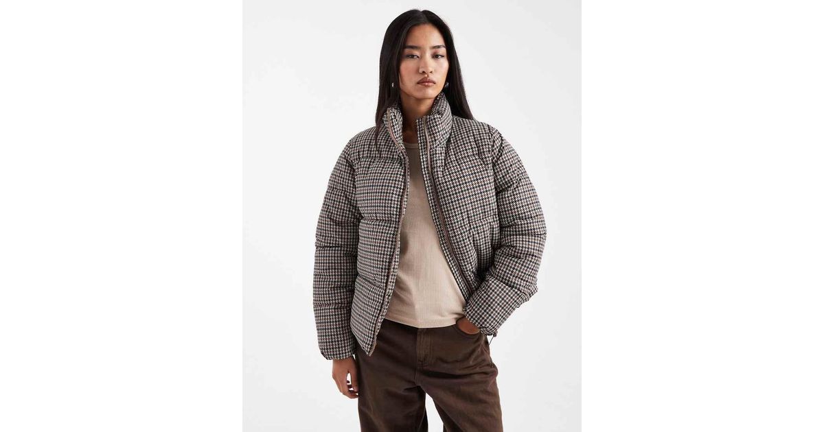 New Look Cropped Check Puffer Coat in Brown | Lyst UK
