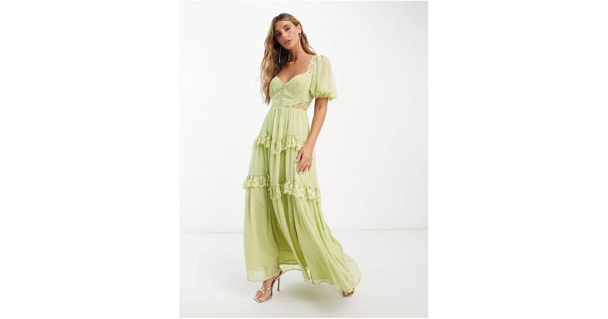 ASOS Open Back Lace Insert Dobby Maxi Tea Dress in Green | Lyst