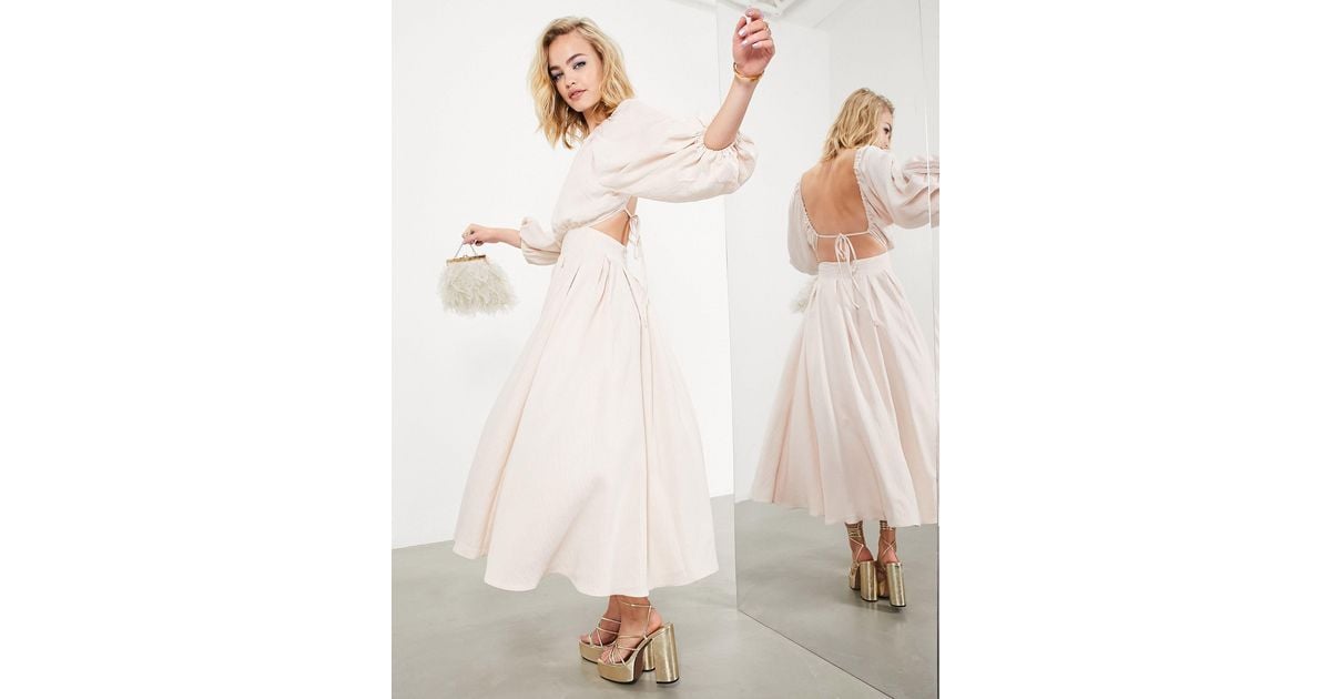 Asos Synthetic Midi Dress With Pleat Waist Detail And Blouson Sleeve In