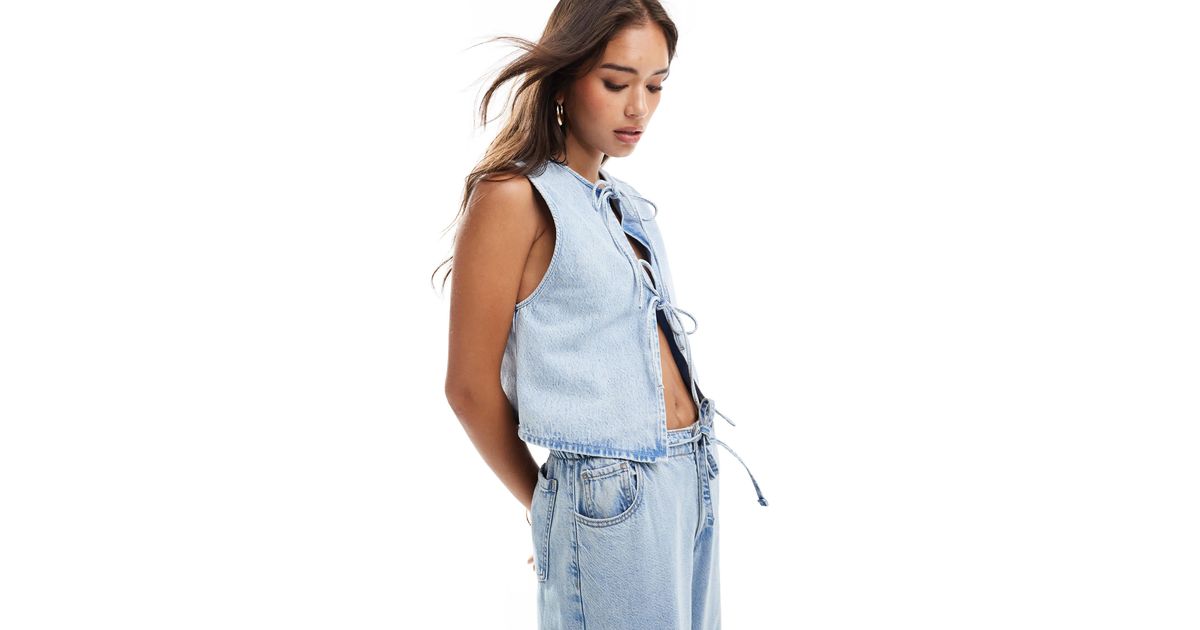 ASOS Denim Boxy Tie Front Waistcoat in Blue | Lyst