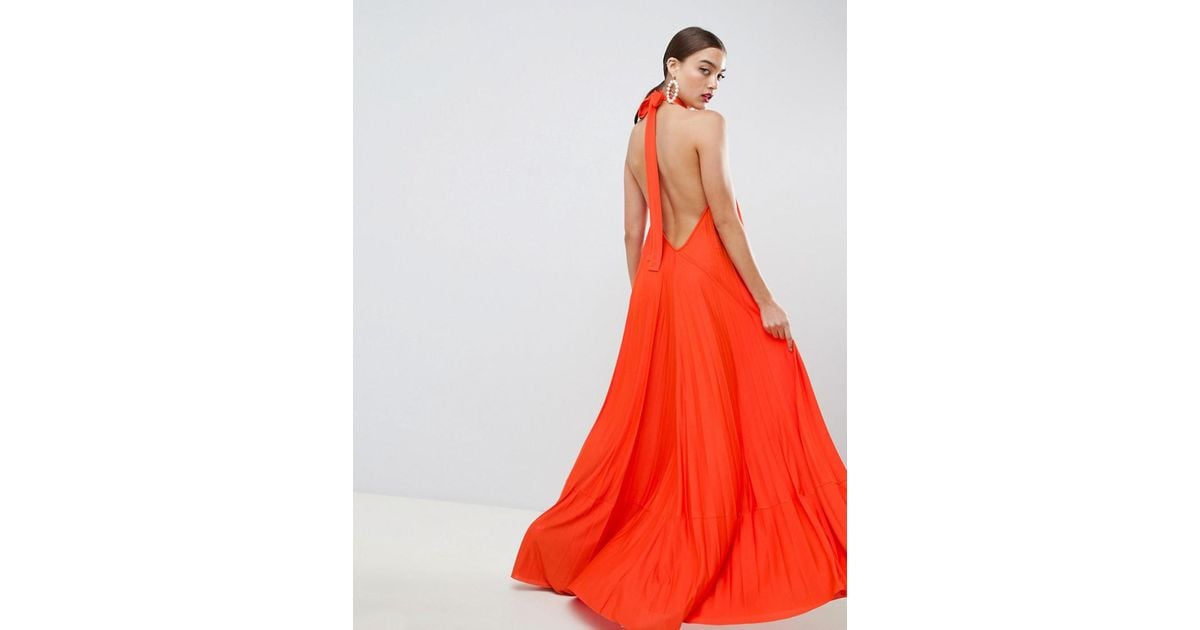 Asos Backless Halter Pleated Maxi Dress In Orange Lyst