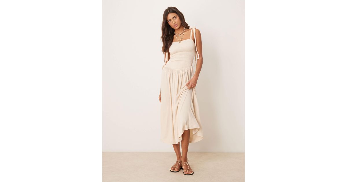 ASOS Crinkle Shirred Bodice Tie Cami Strap Midi Sundress in Natural | Lyst