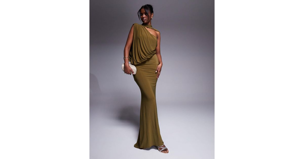 ASOS One Shoulder Drape Maxi Dress With Cape Detail in Green | Lyst