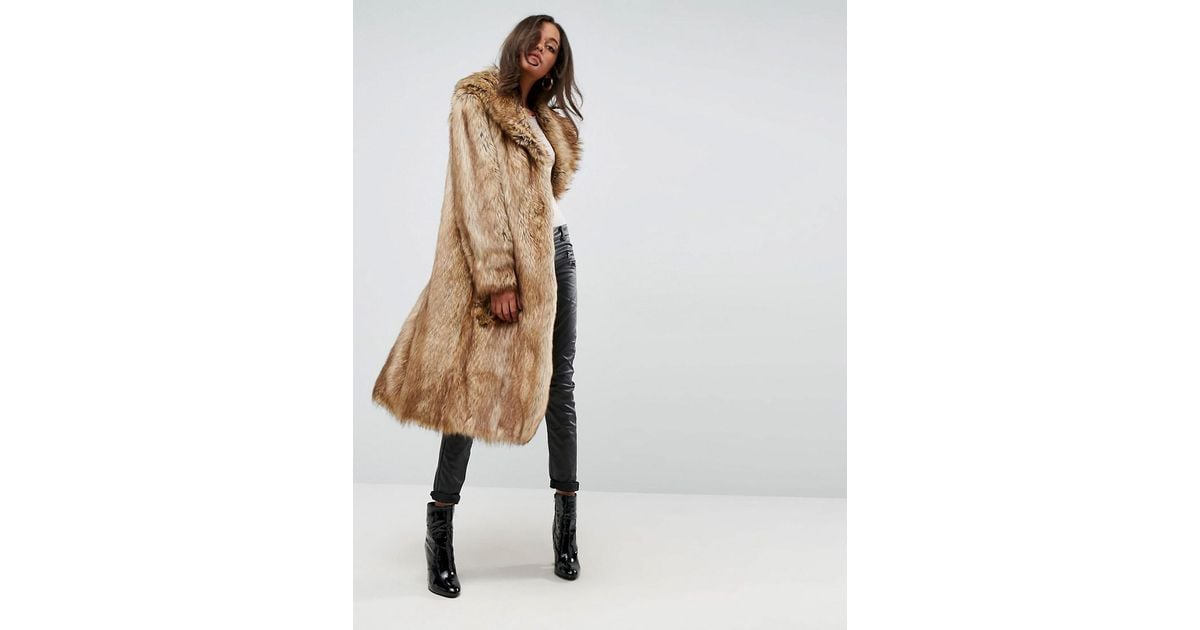 ASOS Luxe Maxi Coat In Faux Fur in Brown | Lyst UK