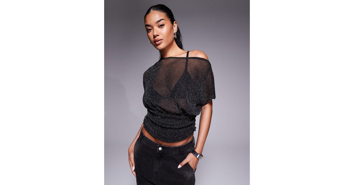 ASOS Asymmetric Shoulder Sheer Metallic Top in Gray | Lyst