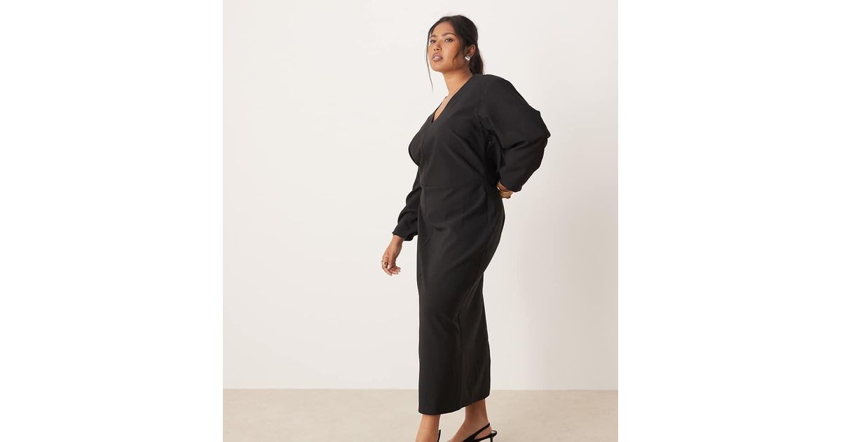 Pretty Lavish Curve Long Sleeve Plunge Maxi Dress in Black | Lyst UK