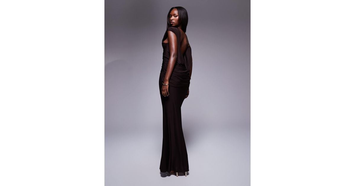 ASOS Off Shoulder Maxi Dress With Drape Cowl Back in Blue | Lyst