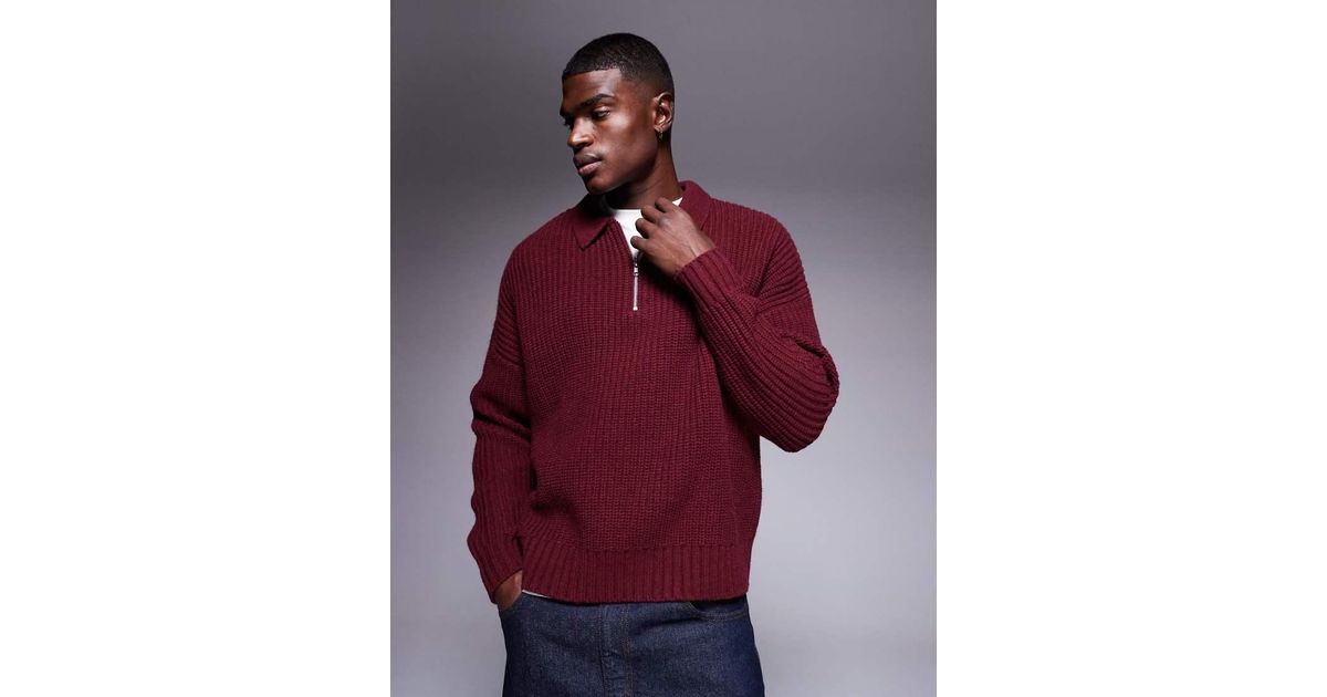 ASOS Oversized Heavyweight Knitted Quarter Zip Polo Jumper in Red for ...