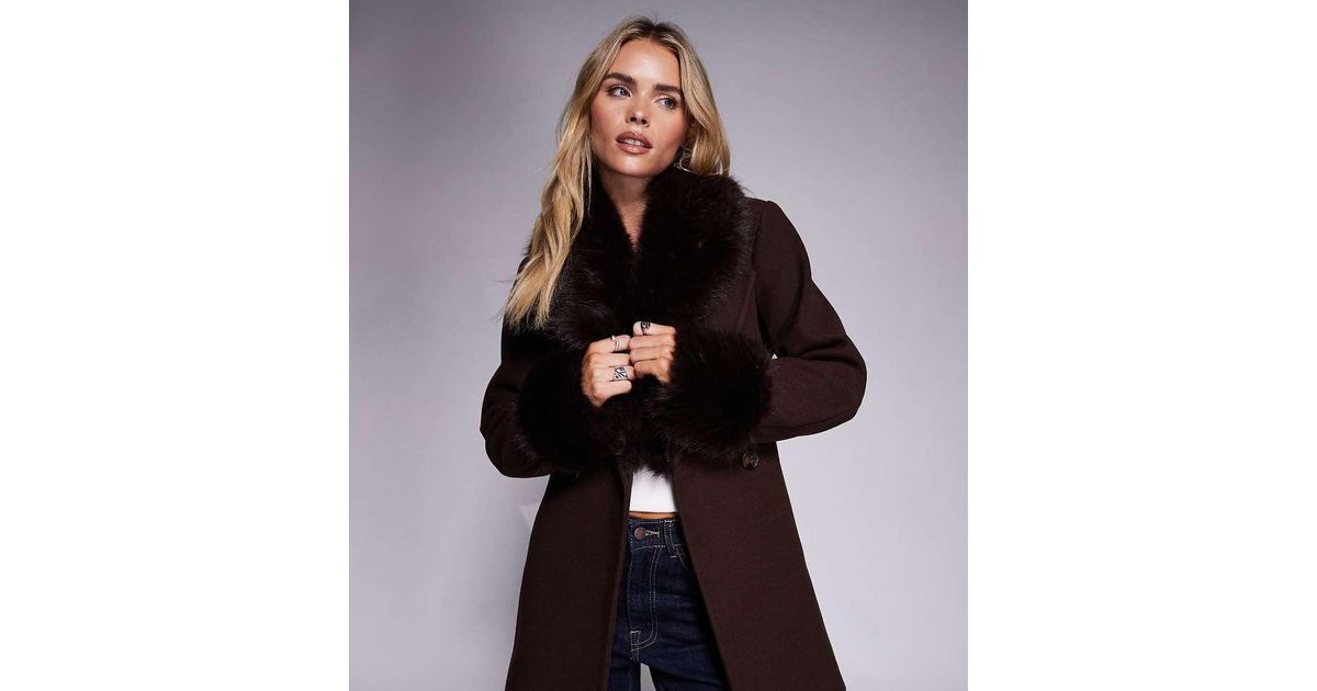 Forever New Faux Fur Collar Mini Coat With Detachable Cuffs in Black ...
