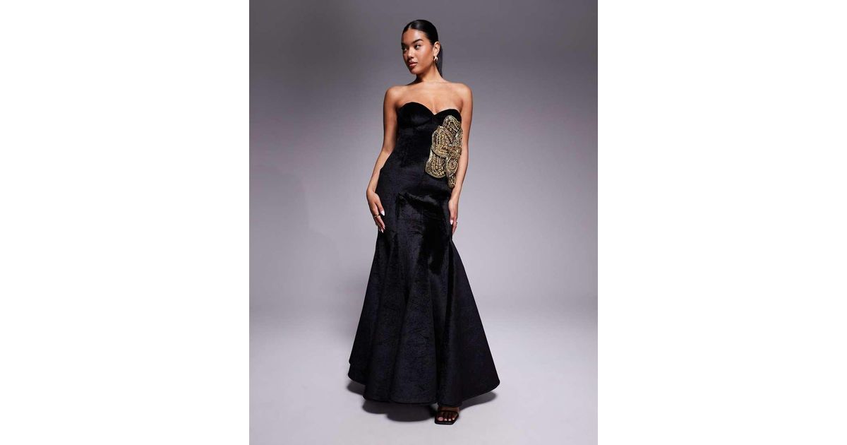 ASOS Structured Velvet Godet Maxi Dress With Floral Embellishment in ...