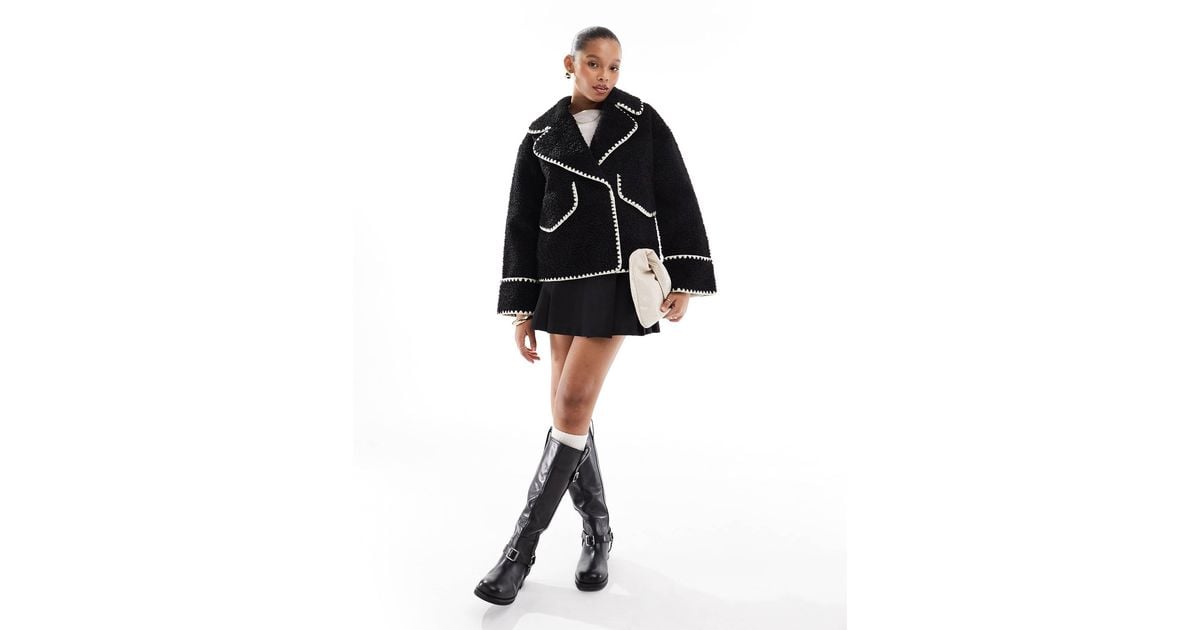 Object Borg Teddy Aviator Jacket With Contrast Stitch in Black | Lyst