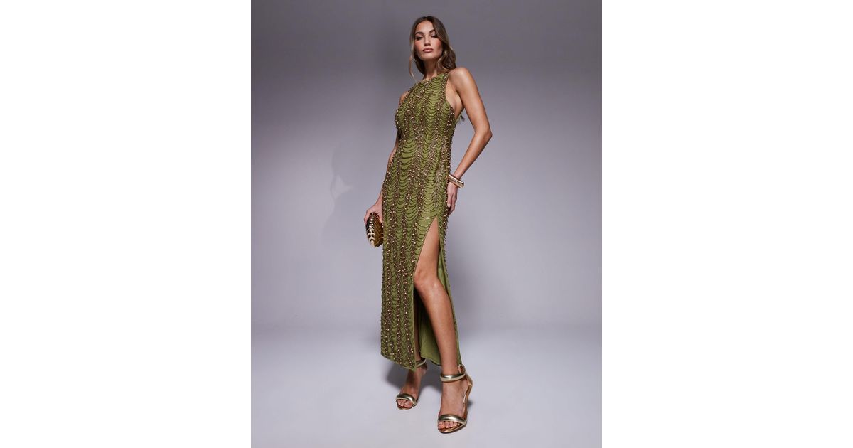 ASOS Drape Beaded Split Side Maxi Dress With Open Back in Green | Lyst