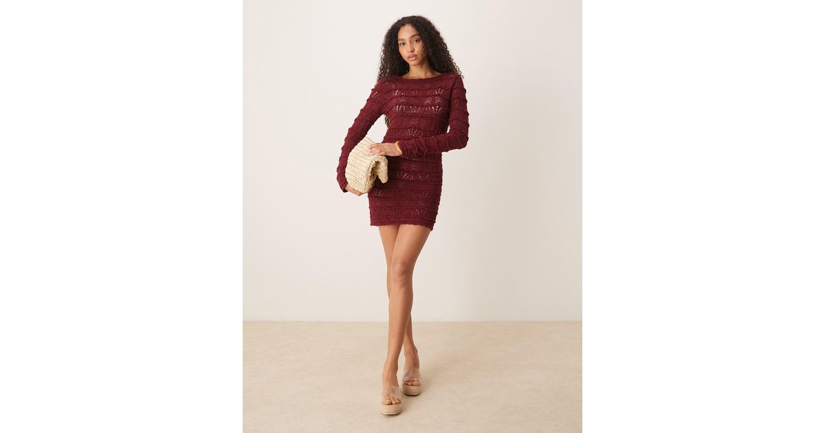 ASOS Open Stitch Knitted Mini Dress With Long Sleeves in Red | Lyst