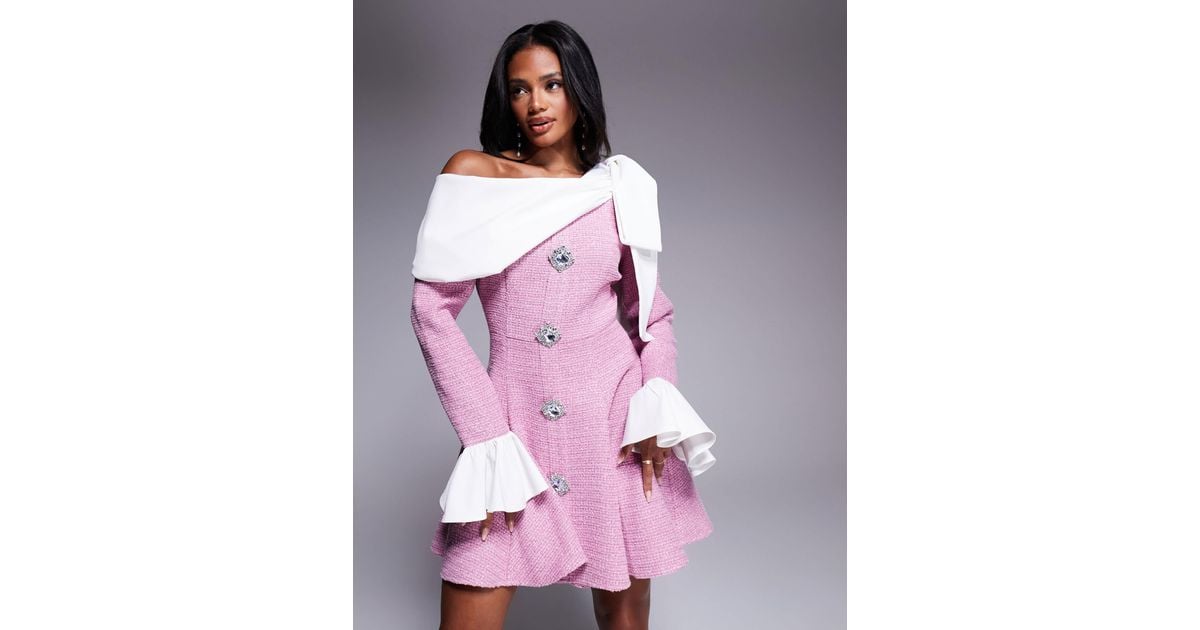 ASOS Boucle And Poplin Mini Dress With Embellished Buttons in Purple | Lyst