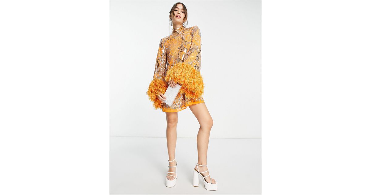 ASOS Floral Sequin And Bead Mini Dress With Faux Feather Cuff in Orange | Lyst