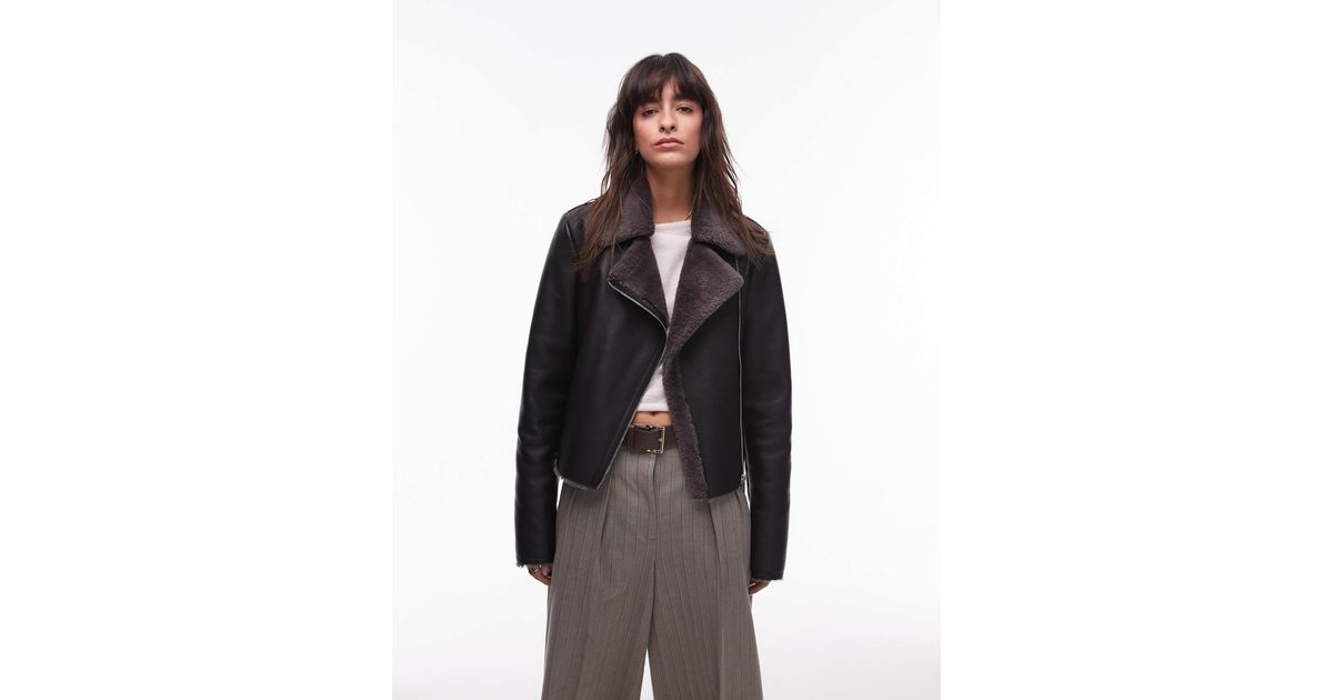Mango Shearling Aviator Jacket in Black | Lyst